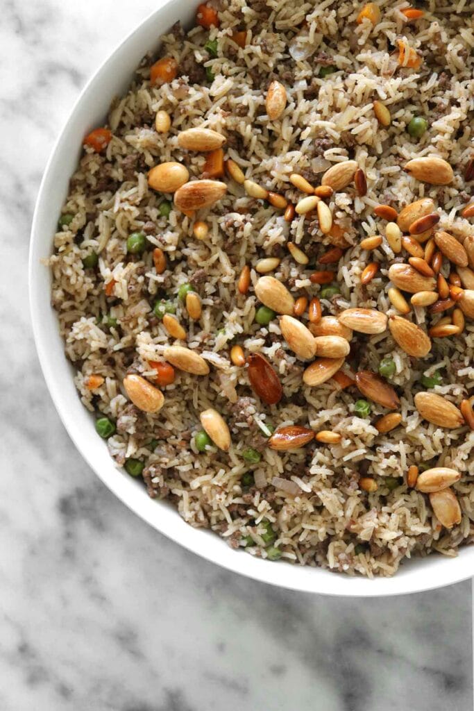 Ouzi Spiced Rice With Minced Lamb and Toasted Nuts - The Matbakh