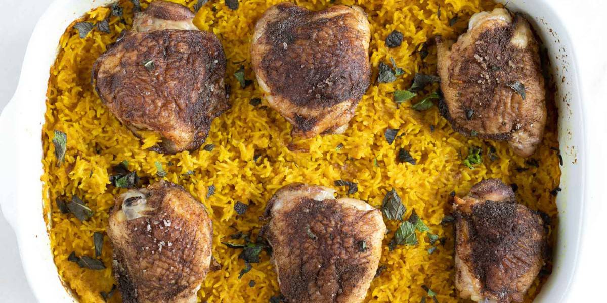 Baked Chicken Thighs and Turmeric Basmati Rice - The Matbakh