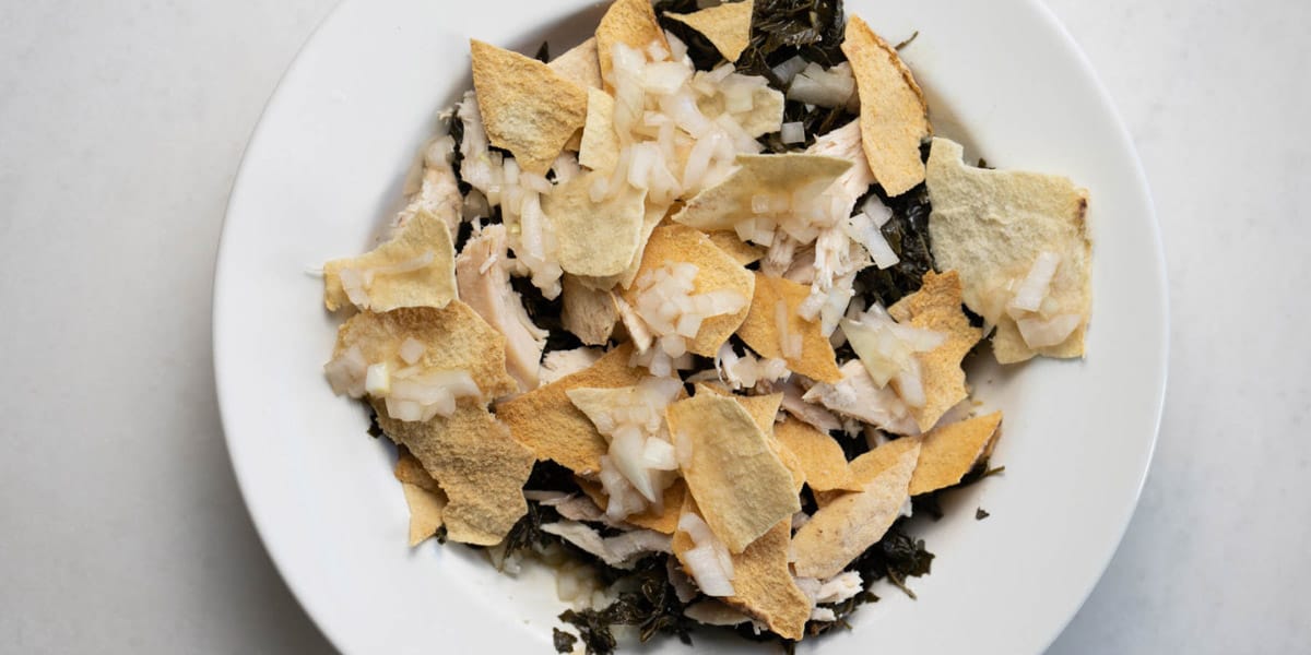 Lebanese Dried Molokhia With Chicken and Toasted Pita Bread - The Matbakh
